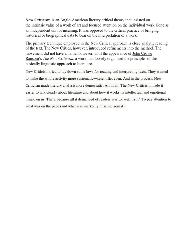 New Criticism Is An Anglo-American Literary Critical Theory That ...