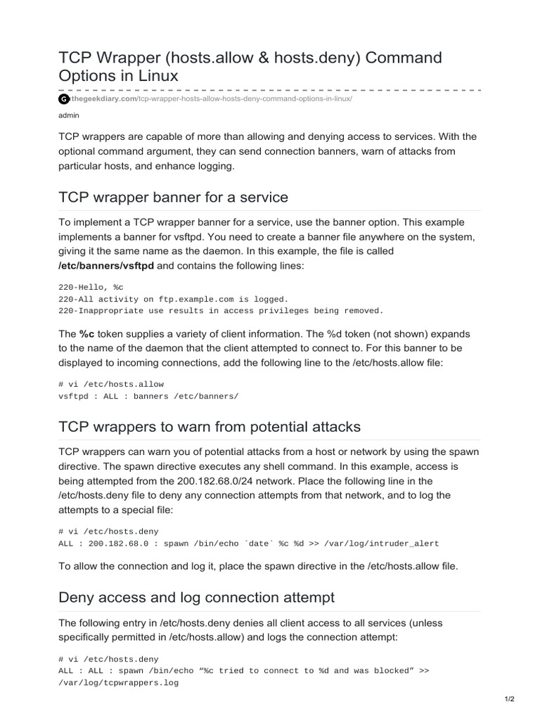 TCP Wrapper Hostsallow Hostsdeny Command Options in Linux | PDF | Transmission Control Protocol ...