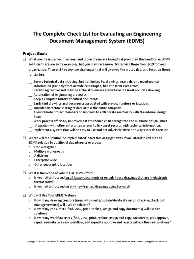 EDMS Check List Document-Synergis Software | PDF | Metadata | Version Control