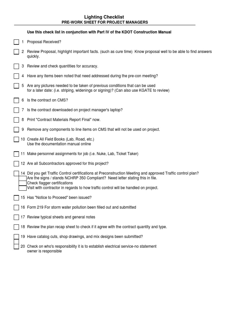 Lighting Checklist: Pre-Work Sheet For Project Managers | Download Free ...