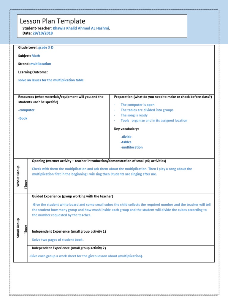 Lesson Plan Template:: Khawla Khalid Ahmed AL Hashmi 29/10/2018 | PDF ...