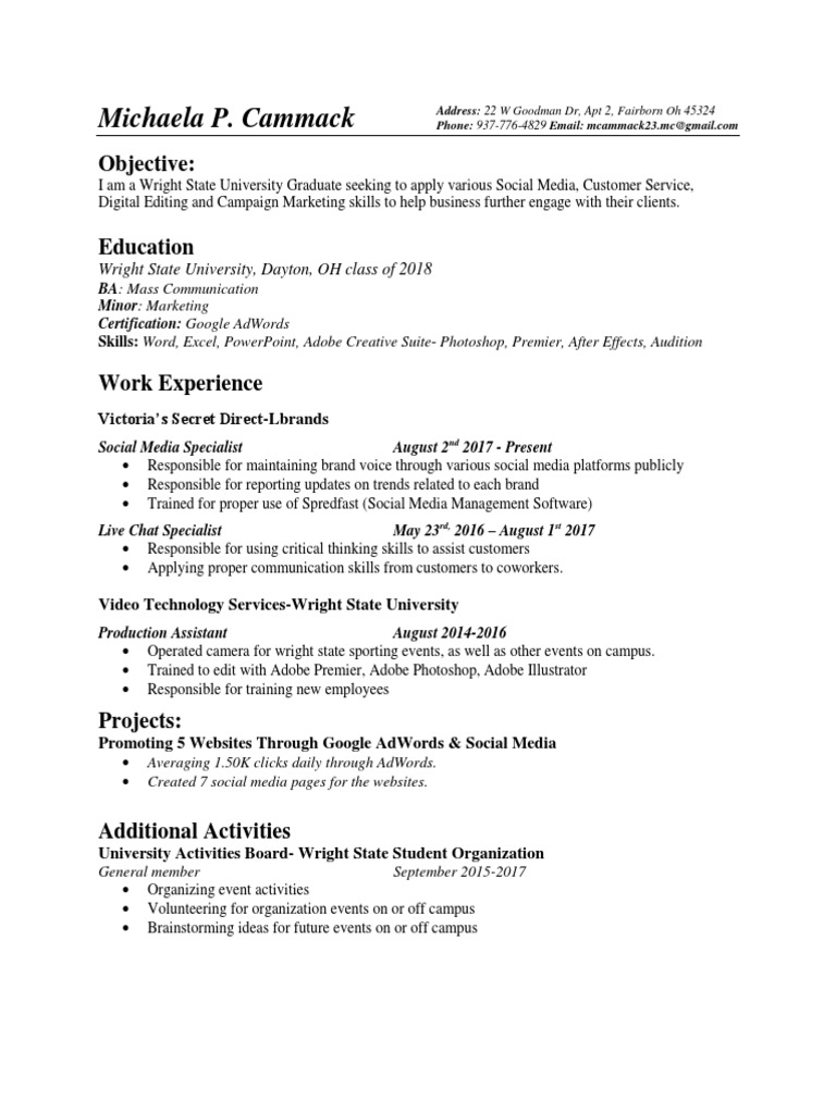 Victoria's Secret Social Media Specialist Resume | PDF