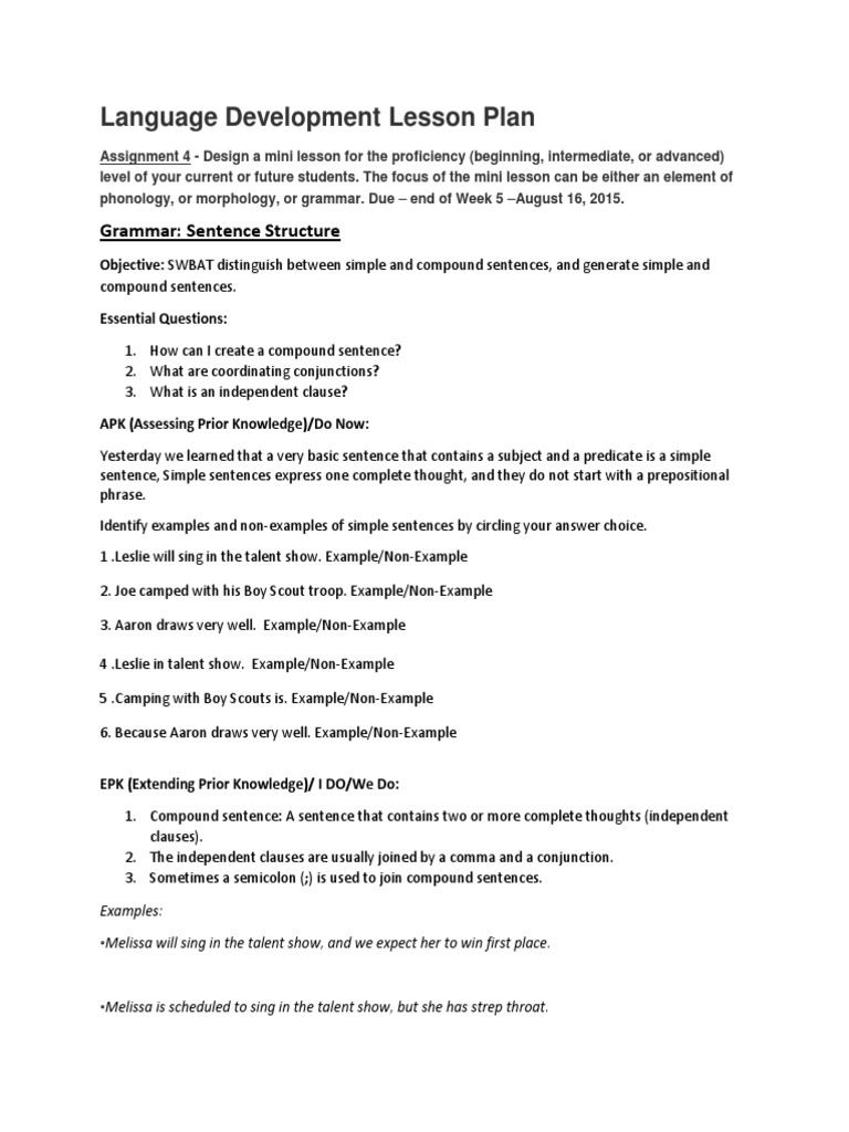 Language Development Lesson Plan: Grammar: Sentence Structure ...