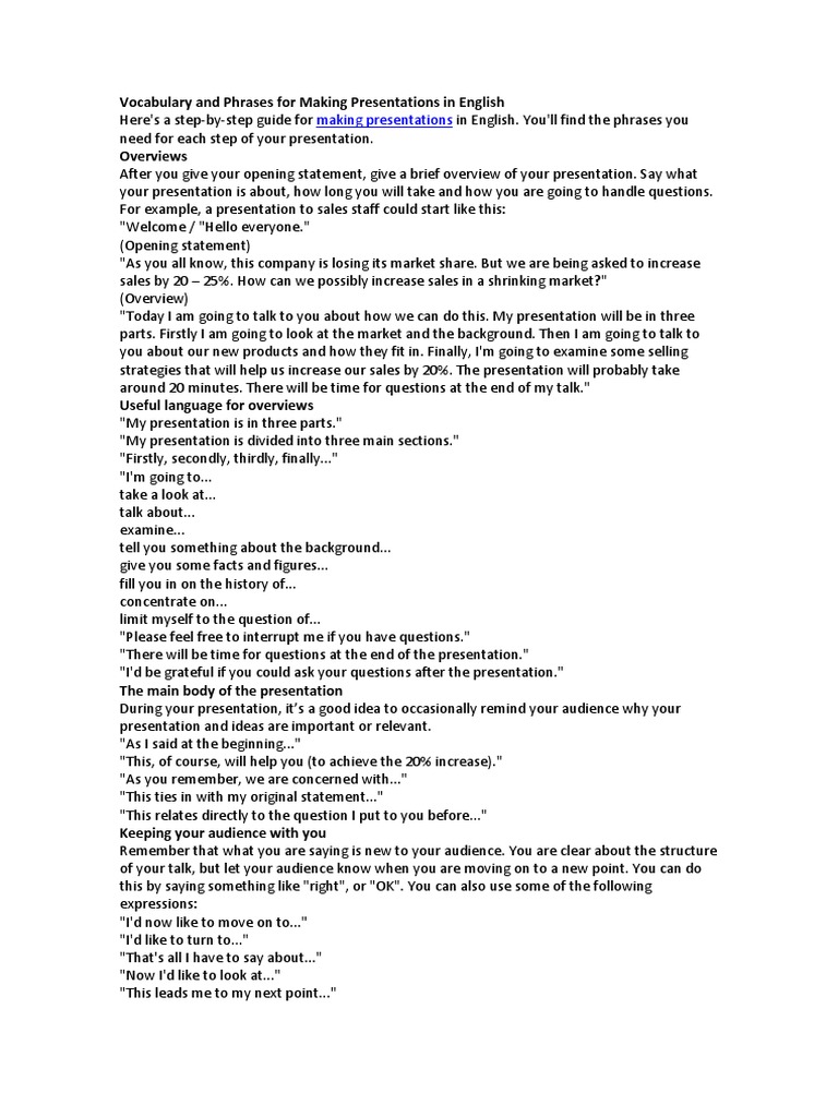 Vocabulary and Phrases For Making Presentations in English | PDF ...