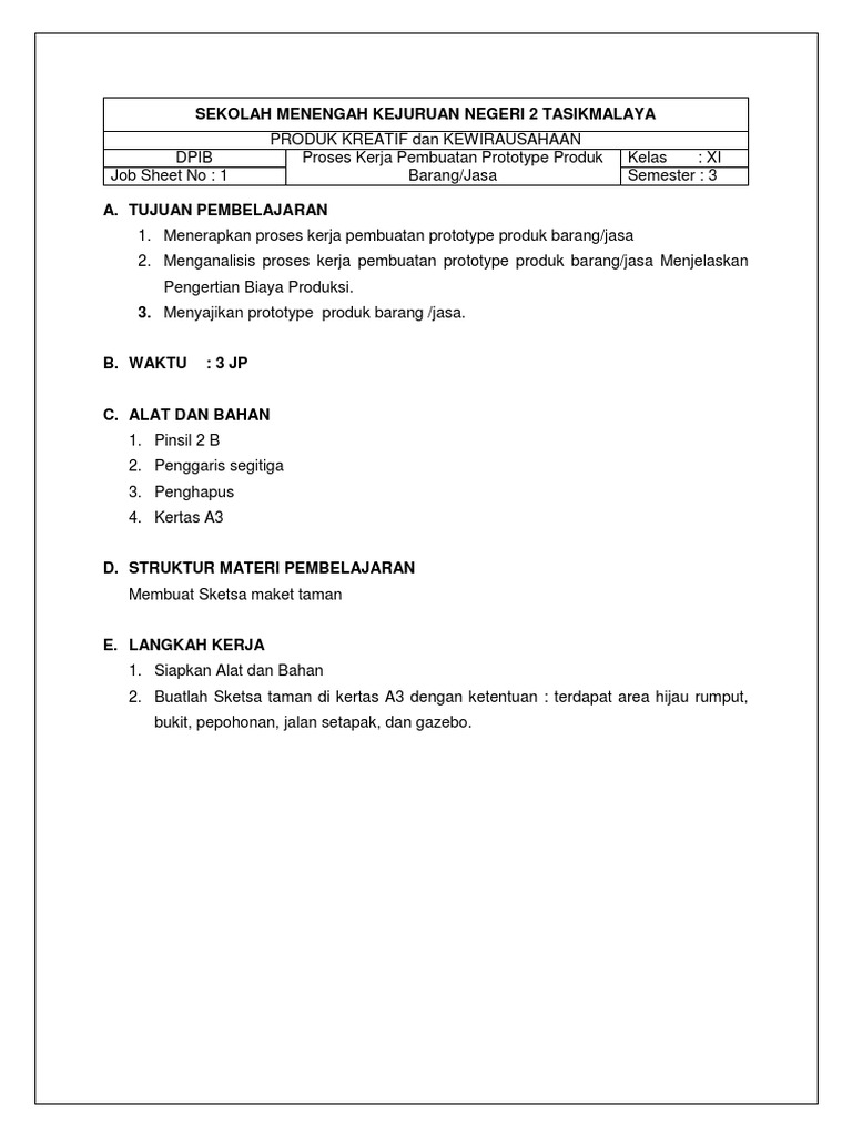 Job Sheet PKK DPIB Produk 1 Maket Taman | PDF