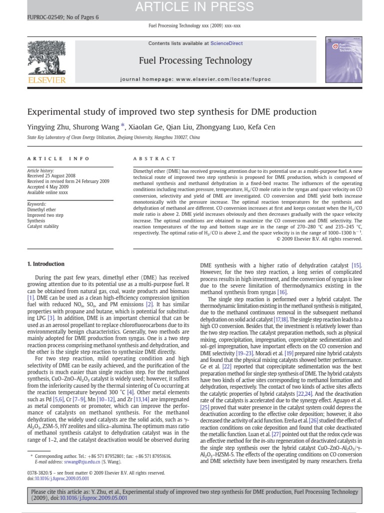 Experimental Study of Improved Two Step Synthesis For DME Production ...