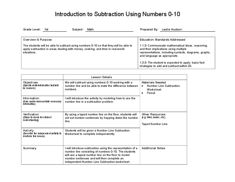 Lesson Plan | PDF | Subtraction | Lesson Plan