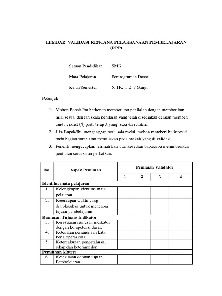 Lembar Validasi Rencana Pelaksanaan Pembelajaran Pdf