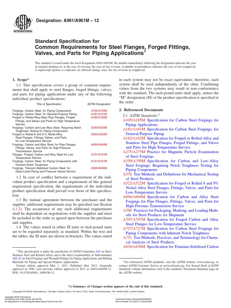 Astm A961 A 961M - 12 | PDF | Heat Treating | Pipe (Fluid Conveyance)
