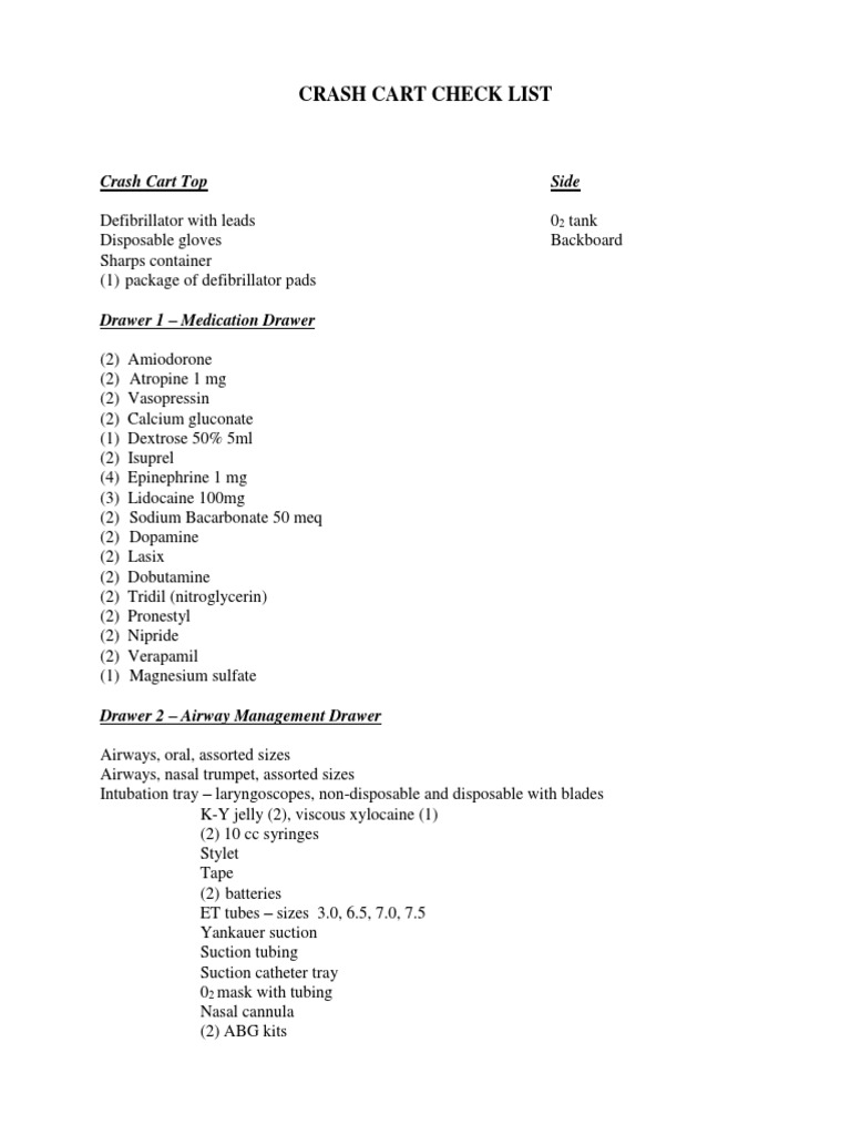 Crash Cart Check List | PDF | Syringe | Catheter