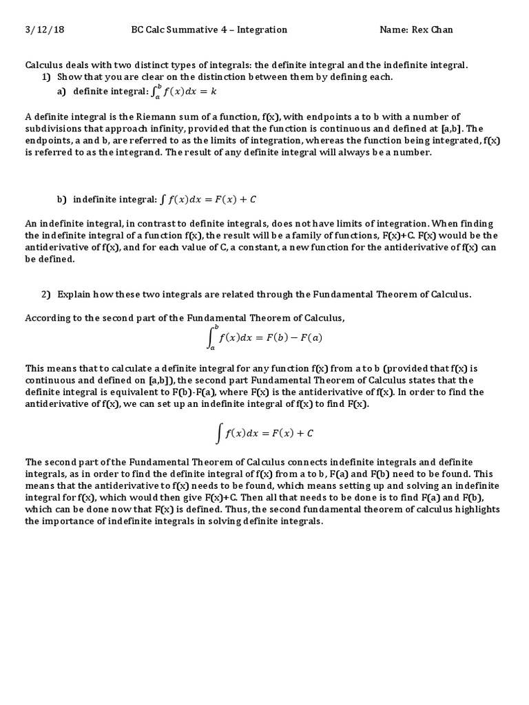 BC Calc Summative4 Integration Writing Prompt | PDF | Integral | Calculus