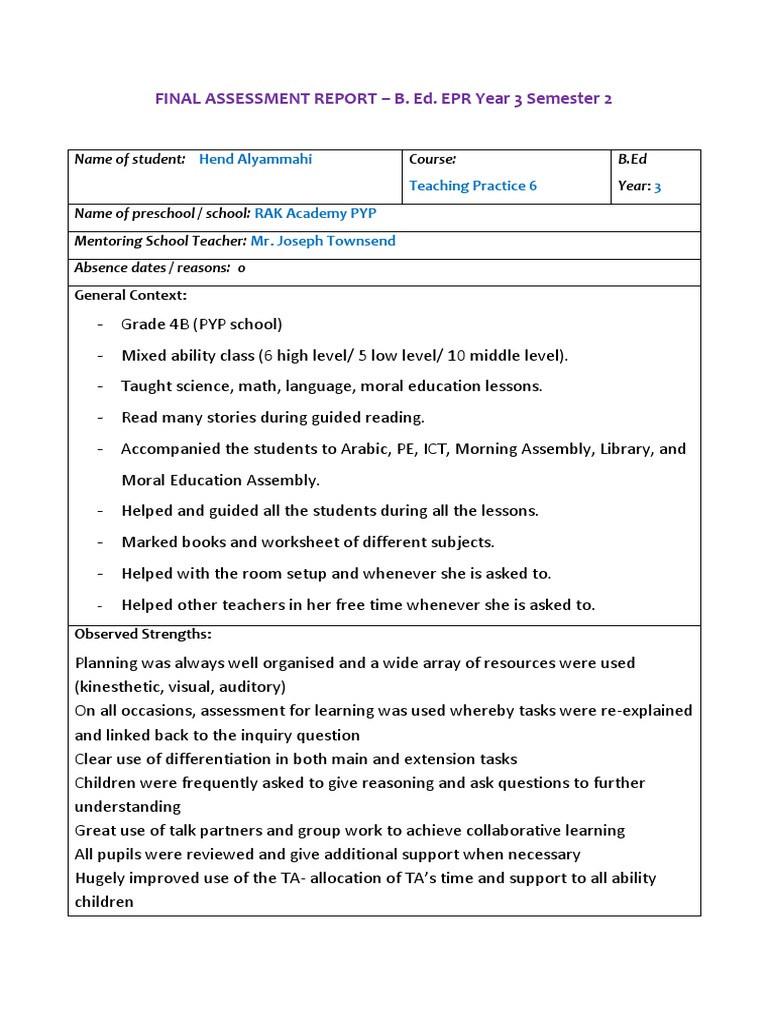 Final Assessment Report-School Teacher | PDF | Mentorship | Classroom ...