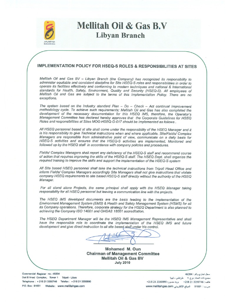 HSEQ Roles and Responsibilities Policy | PDF | Business