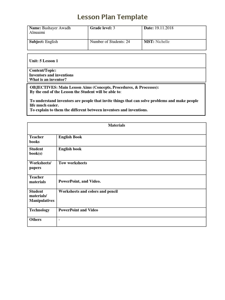 Bashayar's Inventors Lesson Plan | PDF | Invention | Lesson Plan