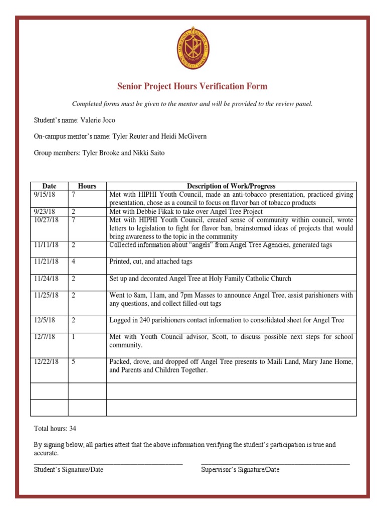 Senior Project Hours Verification Form | PDF