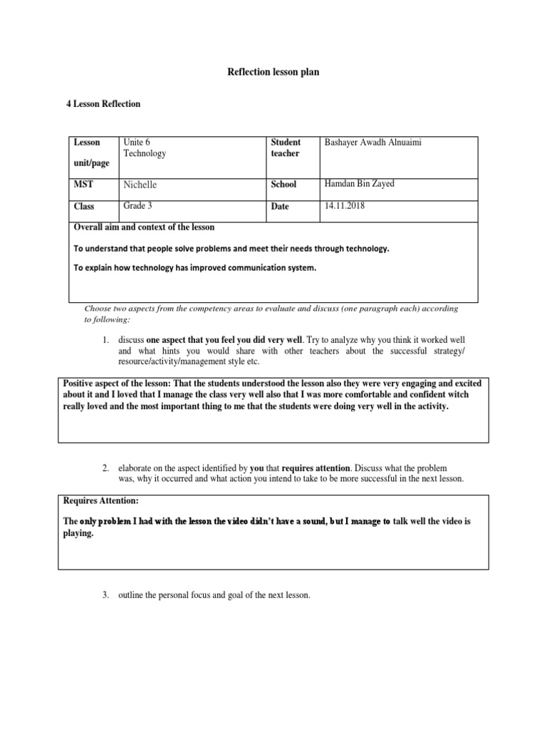 Reflection Lesson Plan 4 | PDF | Career & Growth
