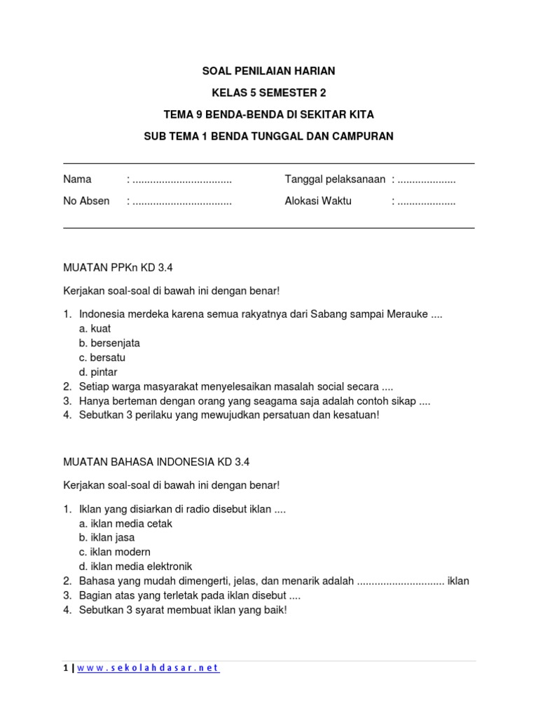 Soal Penilaian Harian Kelas 5 Tema 9 Subtema 1 PDF | PDF | Karier & Perkembangan