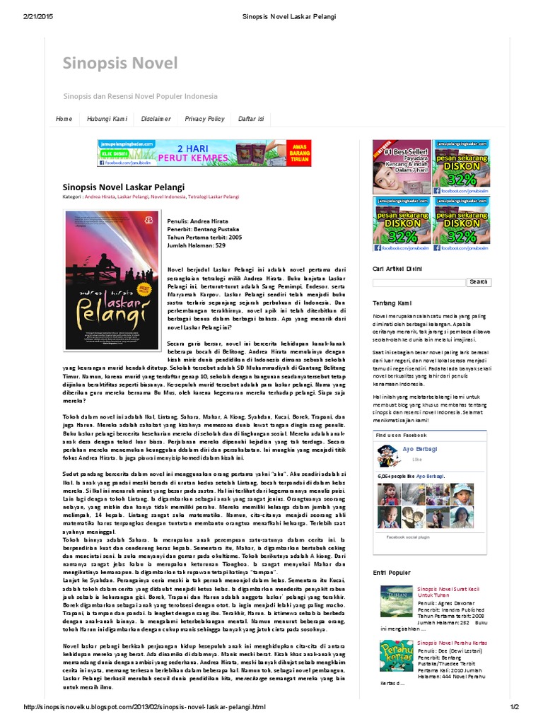 Sinopsis Novel Laskar Pelangi PDF 1 PDF | PDF | Fiksi Umum