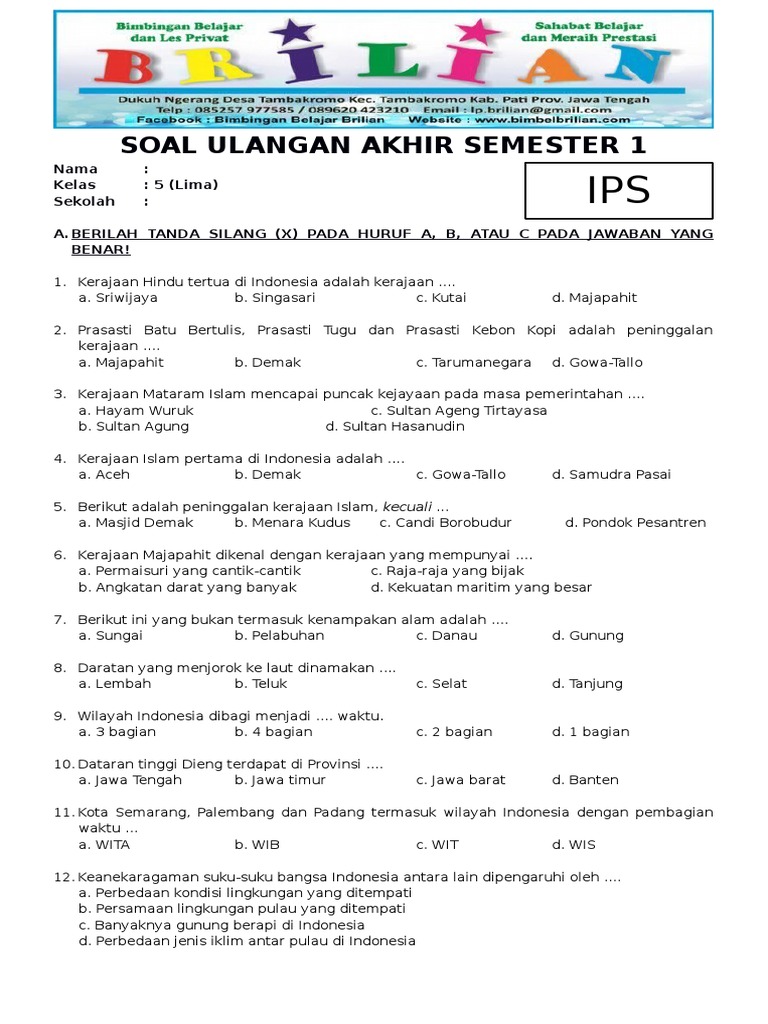 Soal UAS IPS Kelas 5 SD Semester 1 (Ganjil) Dan Kunci Jawaban PDF | PDF
