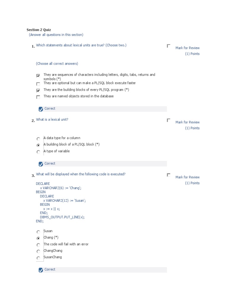 Section 2 Quiz | PDF | Pl/Sql | Data Type
