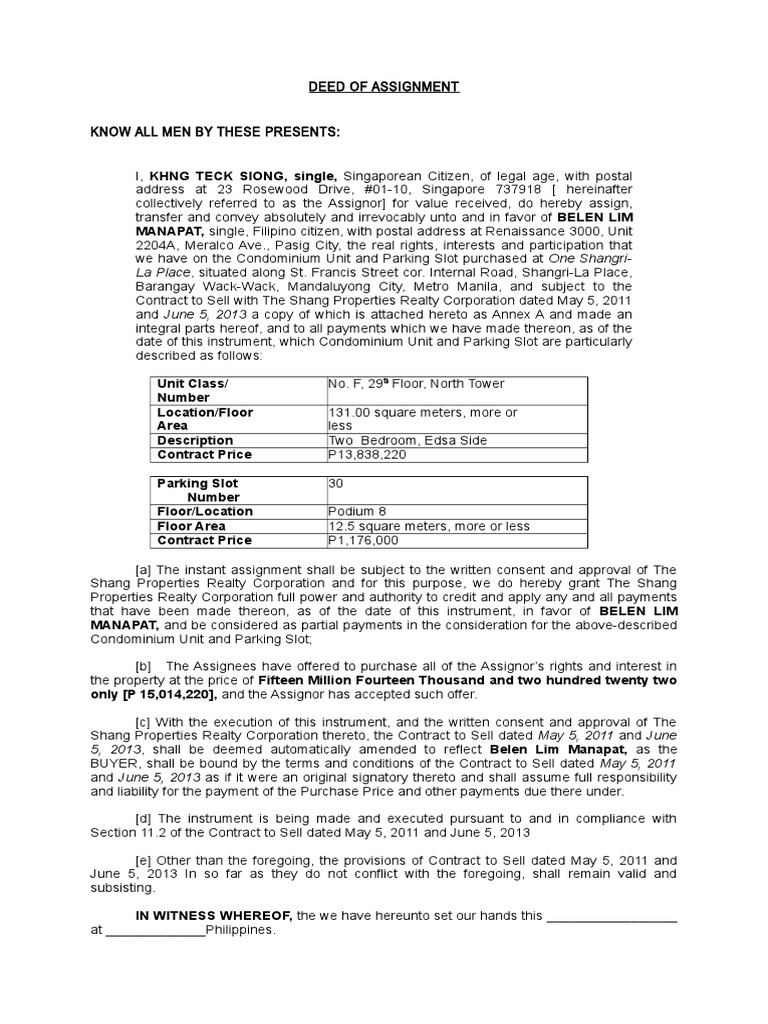 29F Deed of Assignment Final | PDF | Assignment (Law) | Private Law