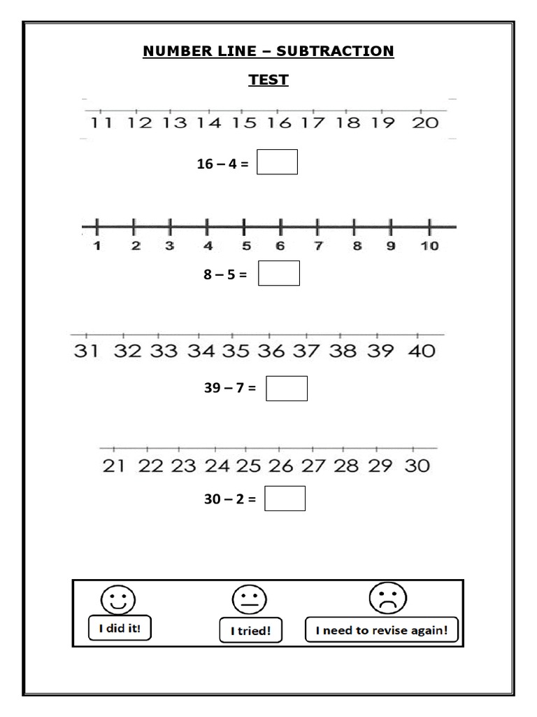 Number Line Subtraction Test Worksheet | PDF