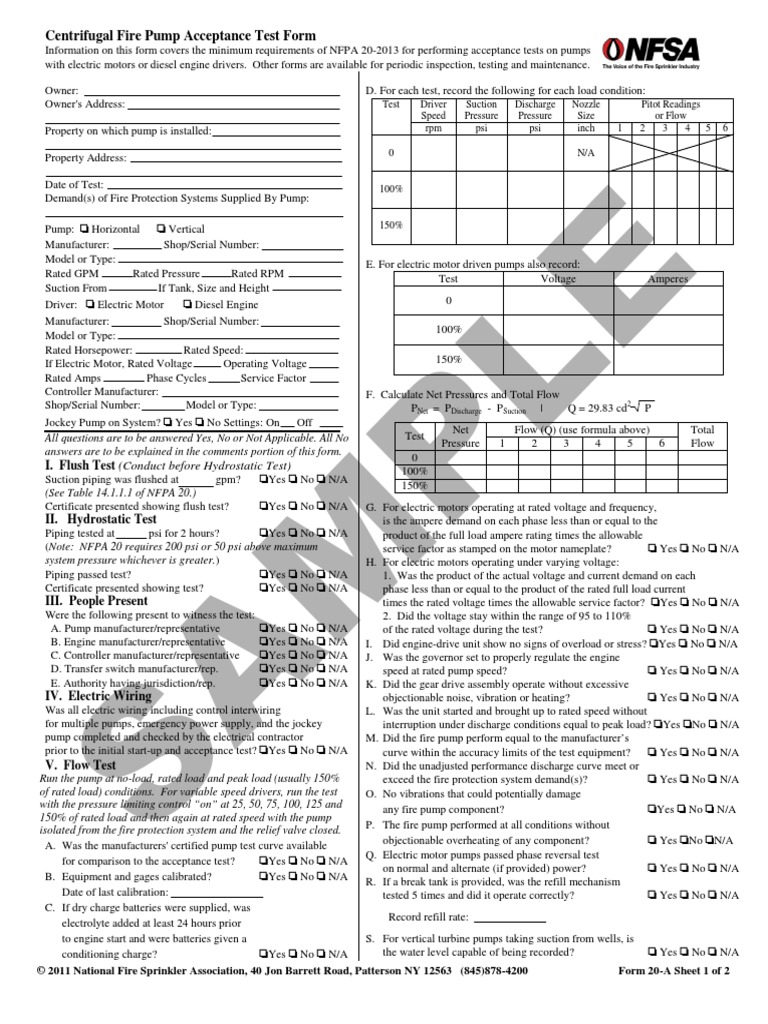 Sample: Centrifugal Fire Pump Acceptance Test Form | PDF | Pump | Engines