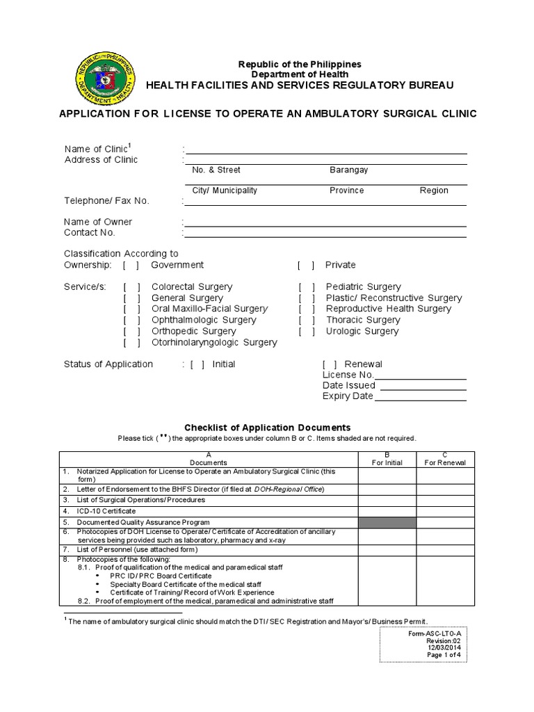 Ambulatory Surgical Clinic License Application | PDF | Clinic | Surgery