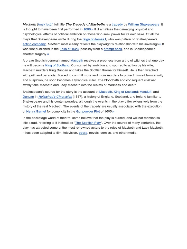 Macbeth (: /məkˈbɛθ/ tragedy William Shakespeare 1606 | PDF