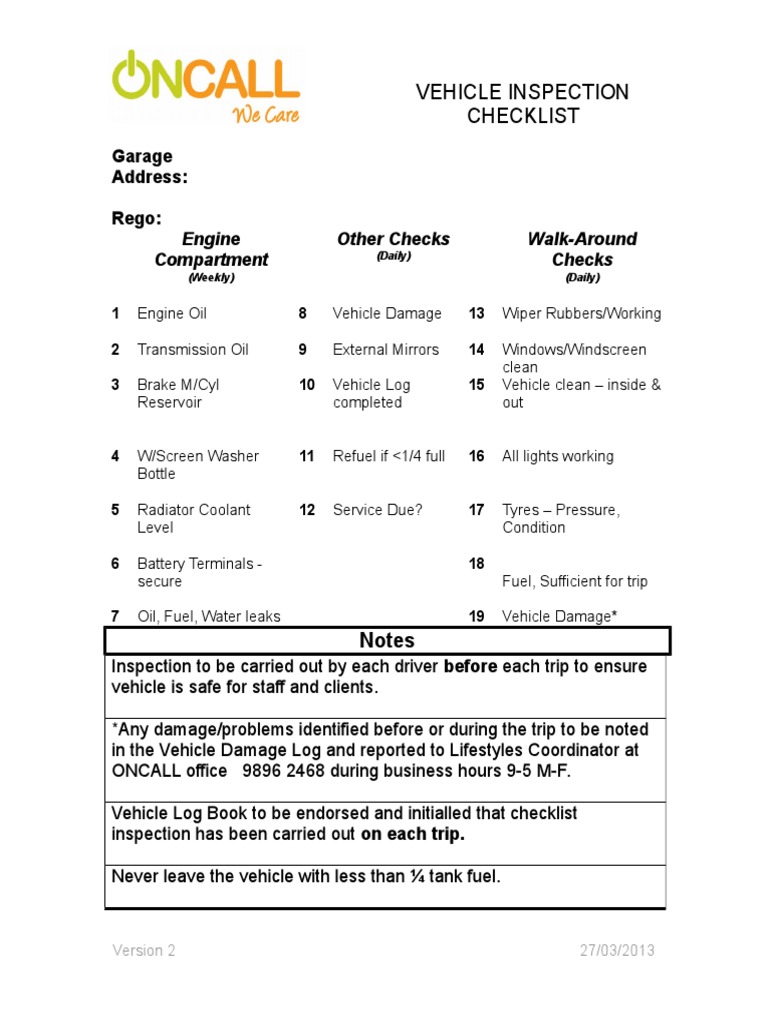 Daily Vehicle Inspection Checklist 11 09 Wfeelefyoppy | PDF