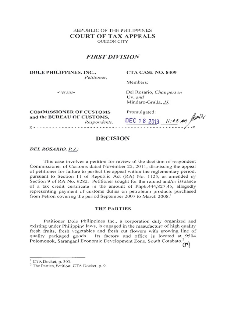 Court Tax Appeals: First Division | PDF | Customs | Internal Revenue ...