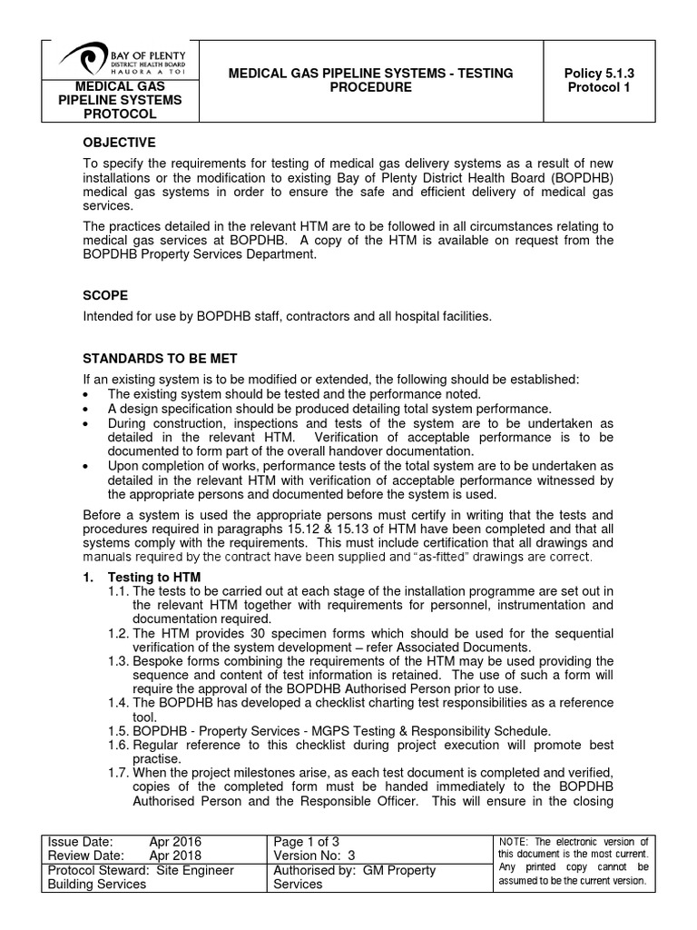 Medical Gas Pipeline Systems Testing Procedure513p1 | PDF ...