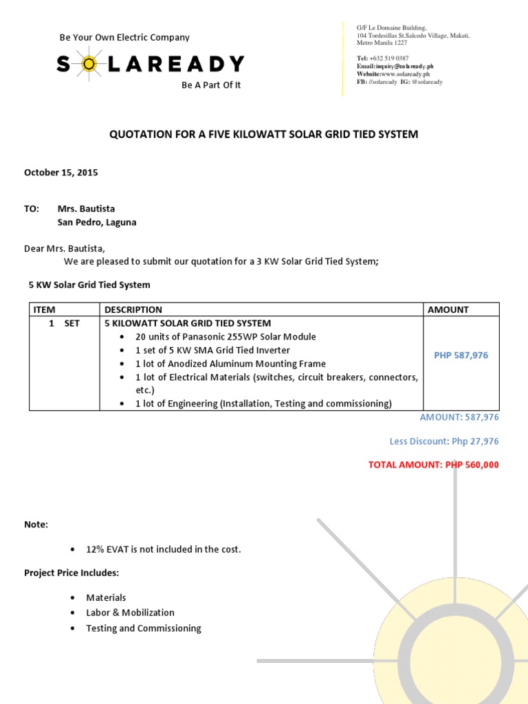 Quotation For A Five Kilowatt Solar Grid Tied System: October 15, 2015 ...