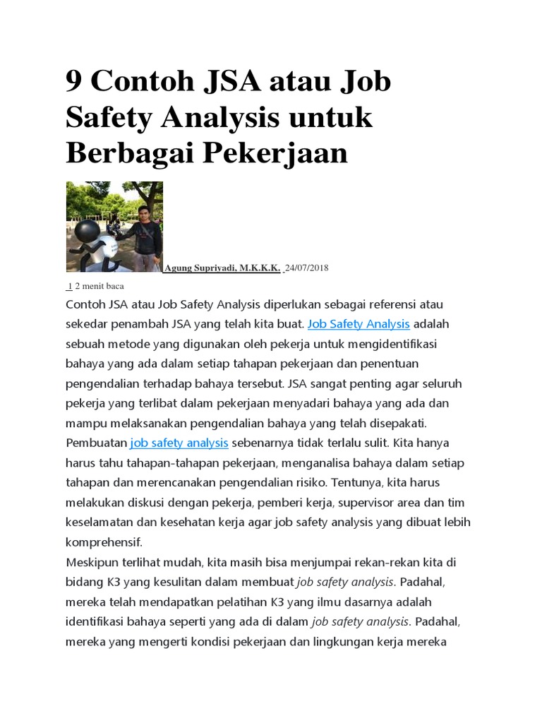 9 Contoh JSA Atau Job Safety Analysis Untuk Berbagai Pekerjaan | PDF
