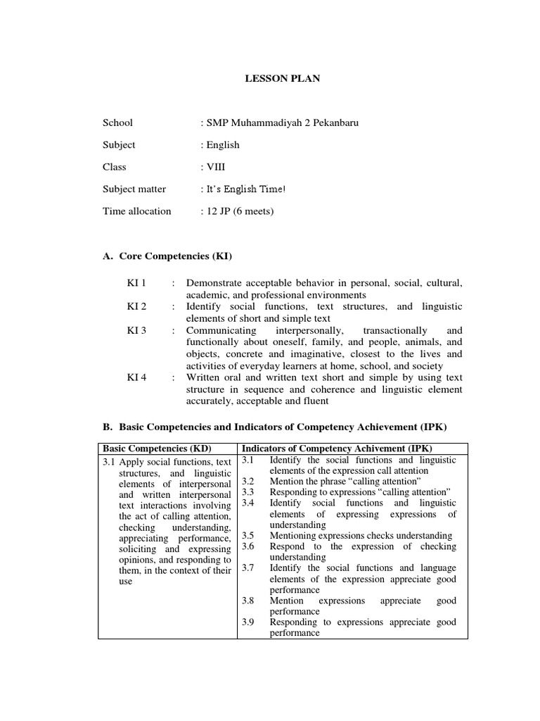 Lesson Plan: Basic Competencies (KD) Indicators of Competency ...
