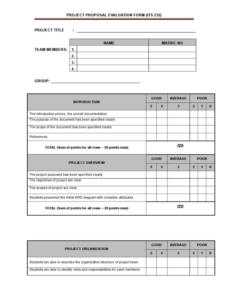 Project Proposal Evaluation Form (Its 232) : Good Average Poor 5 4 3 2 ...