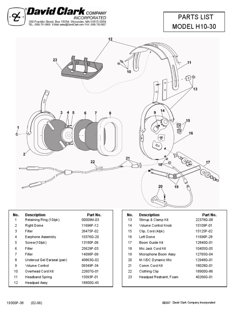 Parts List David Clark MODEL H10-30 PDF | PDF | Technology & Engineering