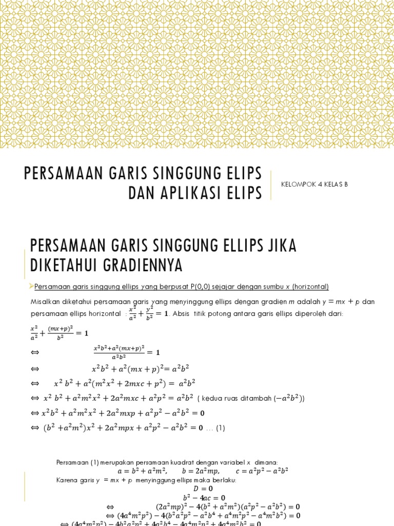 Persamaan Garis Singgung Elips Dan Aplikasi Elips Kelompok 4 Kelas B | PDF