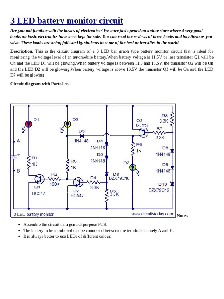 3 LED Battery Monitor Circuit | PDF | Electronic Circuits | Electronics