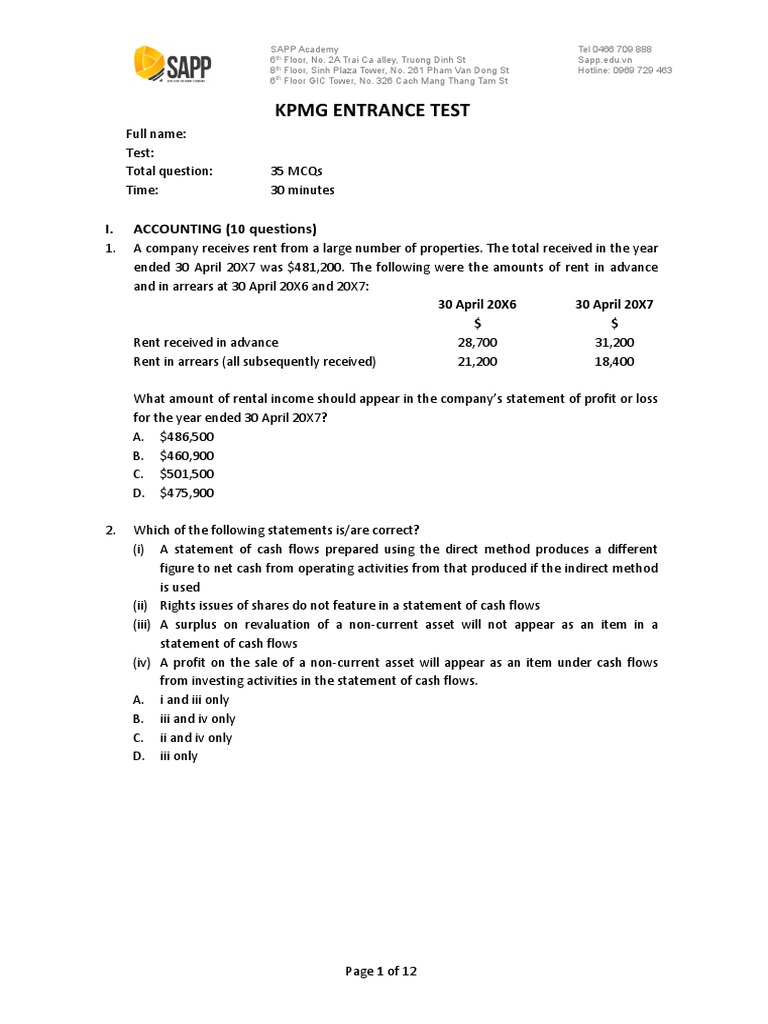 (KPMG) Entrance Test & Answer | PDF | Debits And Credits | Financial Audit