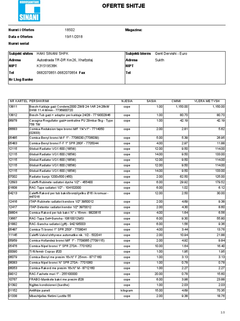 Inventory and pricing list for sale of plumbing supplies including gas ...