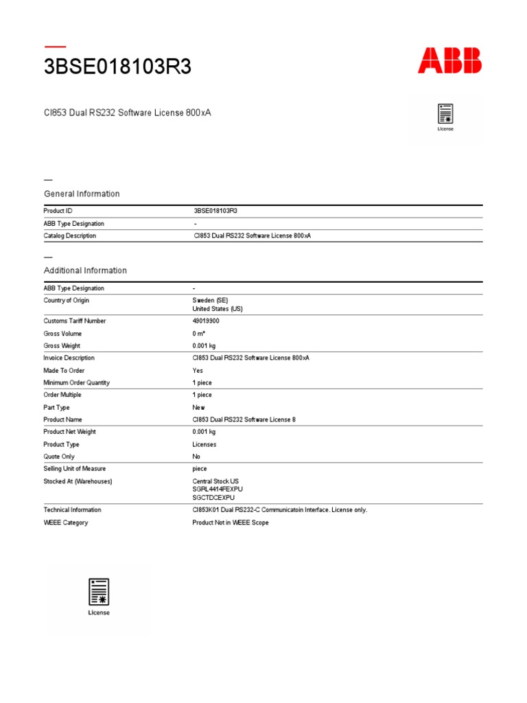 3BSE018103R3 Ci853 Dual Rs232 Software License 800xa | PDF