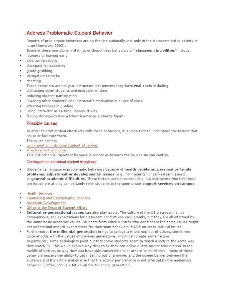 Address Problematic Student Behavior: Possible Causes | PDF | Value ...
