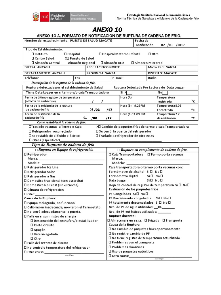 Anexo 10: Anexo 10 A. Formato De Notificacion De Ruptura De Cadena De Frio | Transferencia de ...