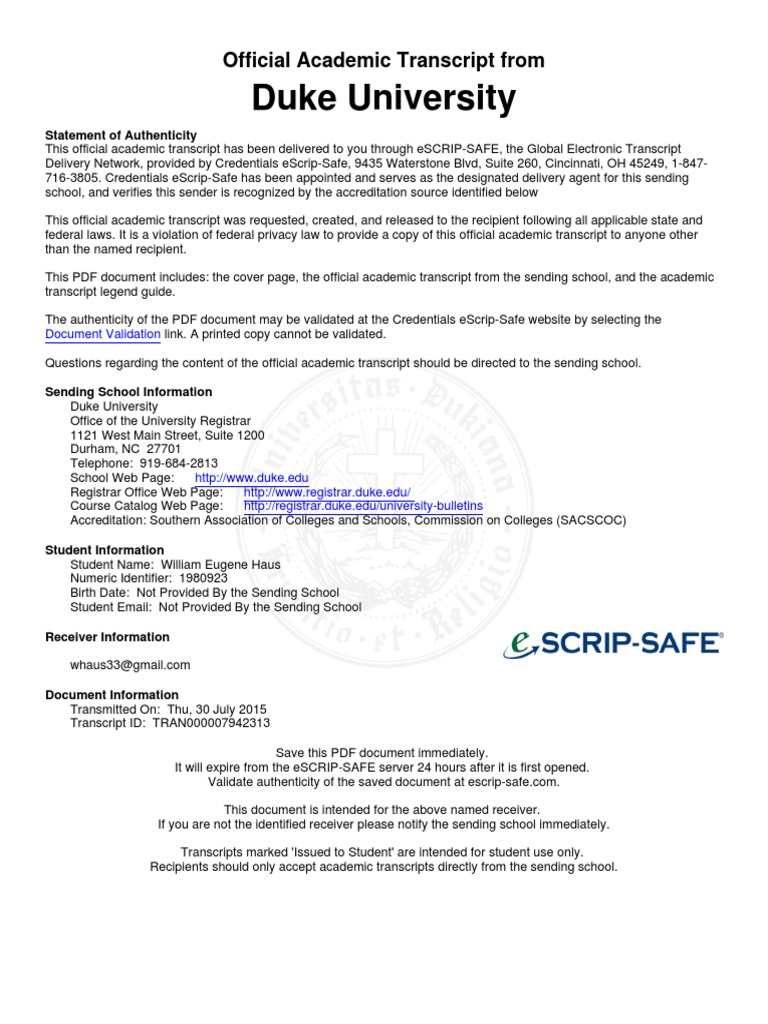 Completed Transcript 7942313 | PDF | Duke University | Course Credit