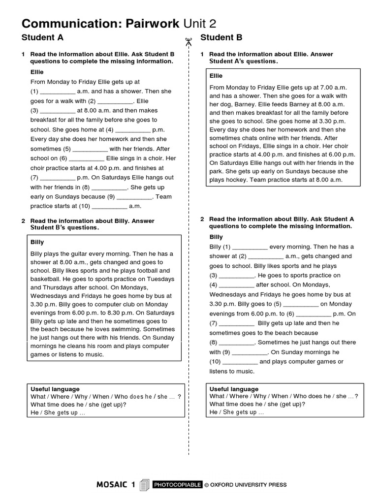 Communication: Pairwork Unit 2: Student A Student B | PDF | Leisure