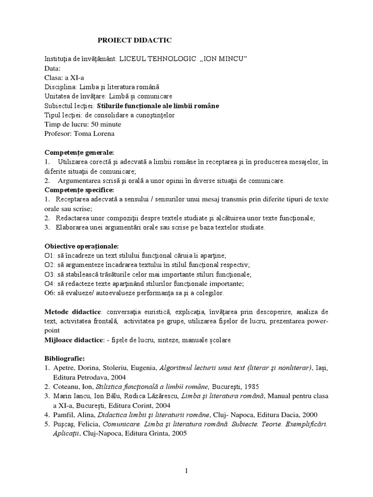 Plan Lectie - Stiluri Functionale | PDF