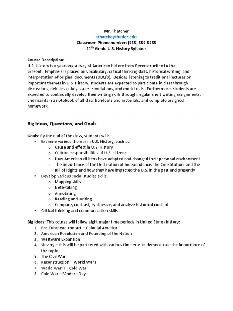 11th Grade Us History Syllabus | PDF | Homework | The United States