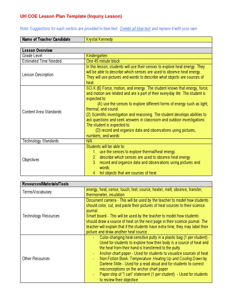 Heat Energy Lesson Plan-Inquiry Lesson 1 | PDF | Differentiated ...