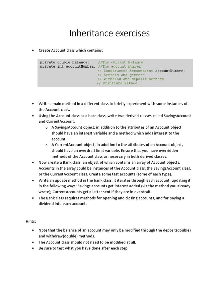 Inheritance Exercises: Private Double Balance Private Int Accountnumber ...